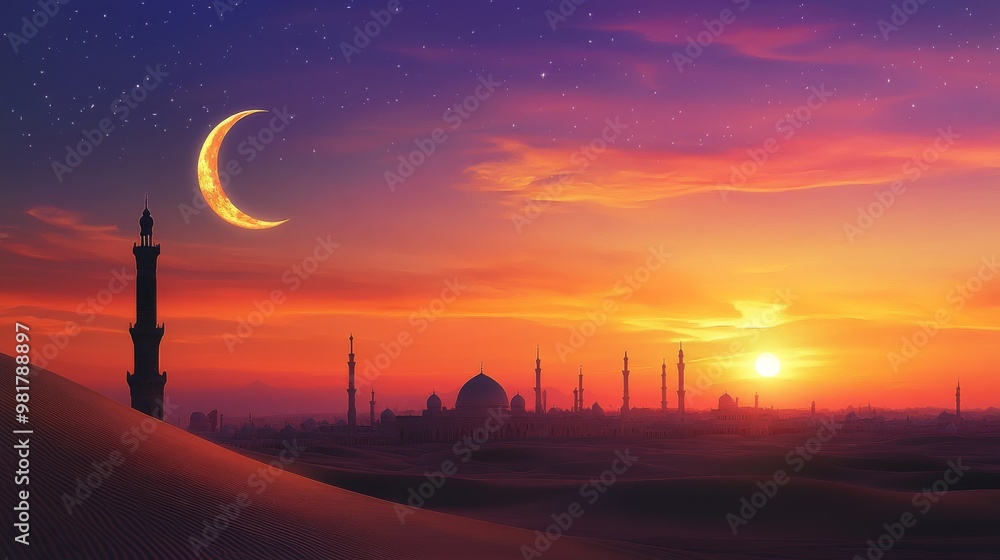 7. A beautiful desert sunset featuring a crescent moon and star ...