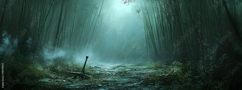 “Concept Art of an Ancient Japanese Forest with Bamboo Trees and Mist ...