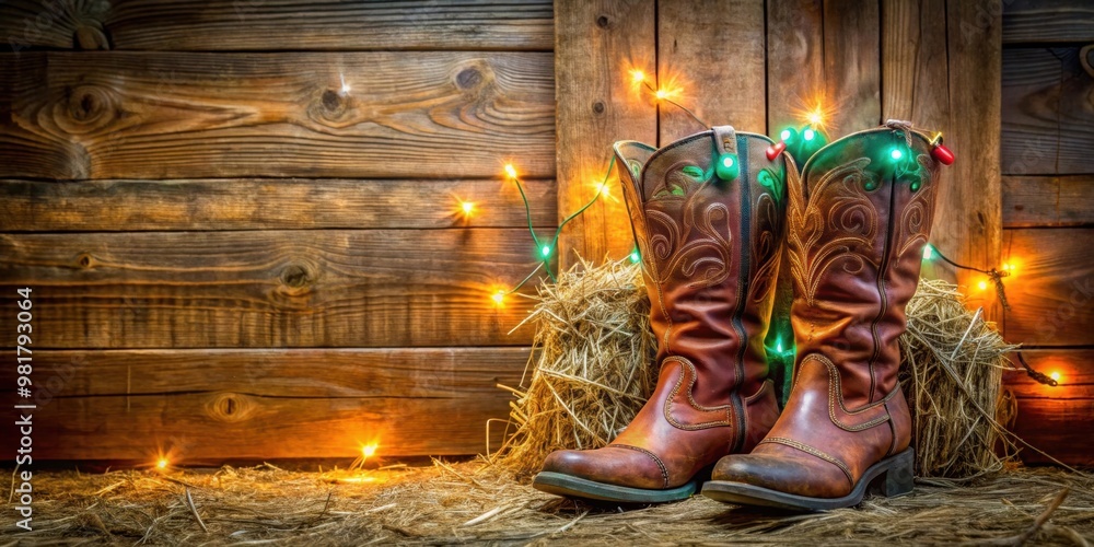 Cowgirl boots wrapped in LED Christmas lights on a hay bale against a ...