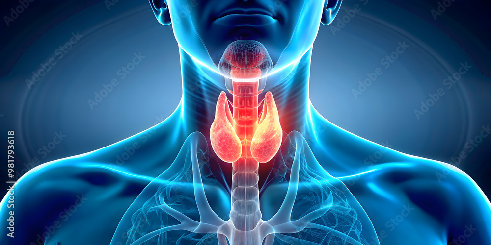Close-up of thyroid gland with hormones releasing, endocrine system ...