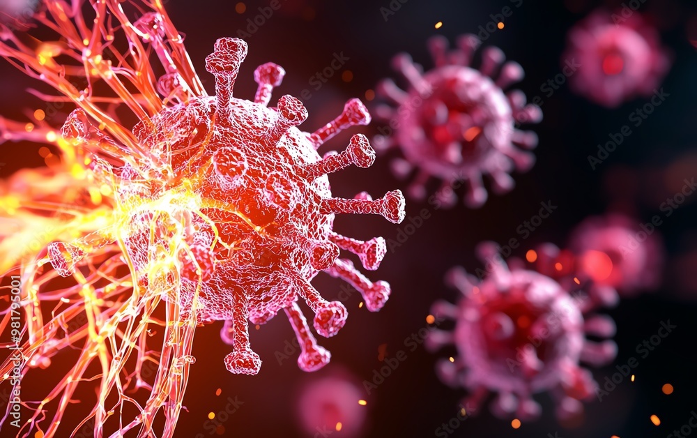 Vivid illustration of a virus attacking a cell, showcasing molecular ...
