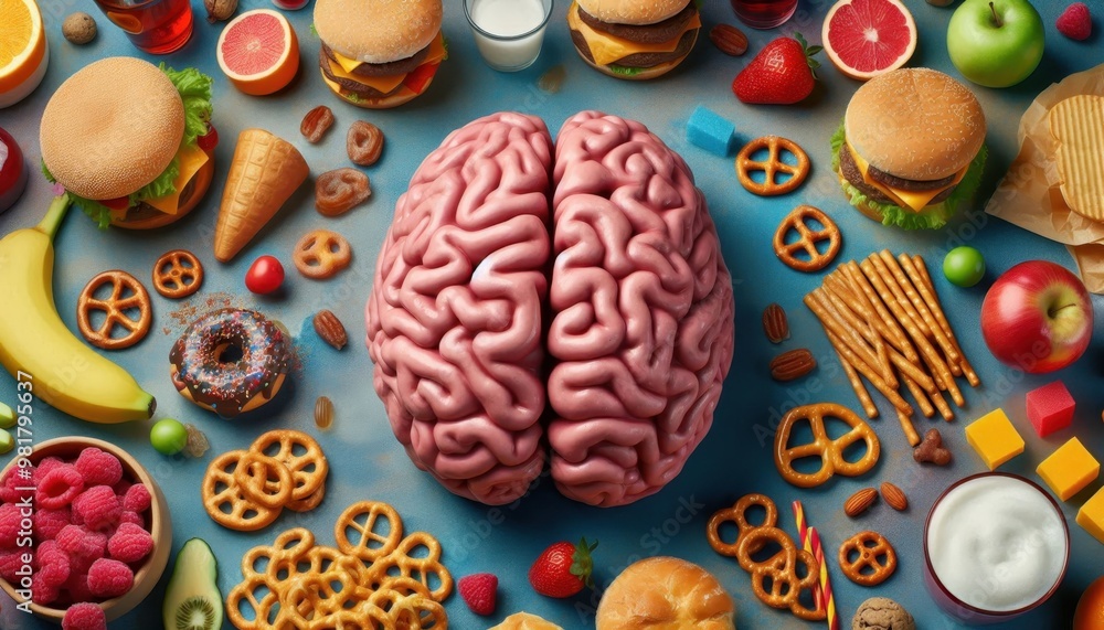 brain model, unhealthy food, junk food, fast food, burgers, donuts ...