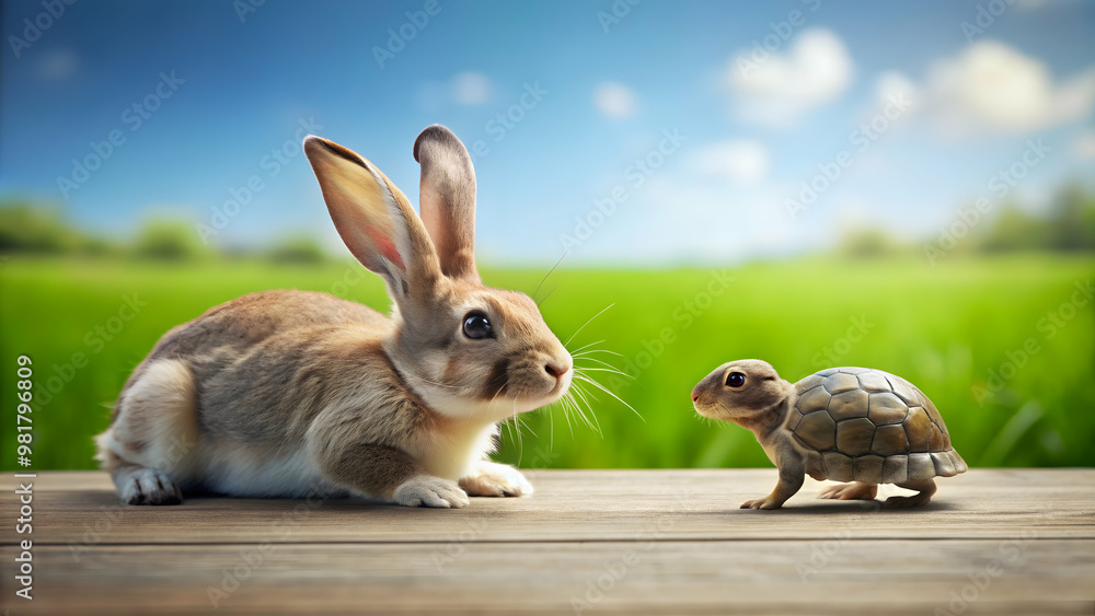 An or photo showing a rabbit and a turtle in a race, competition, speed ...