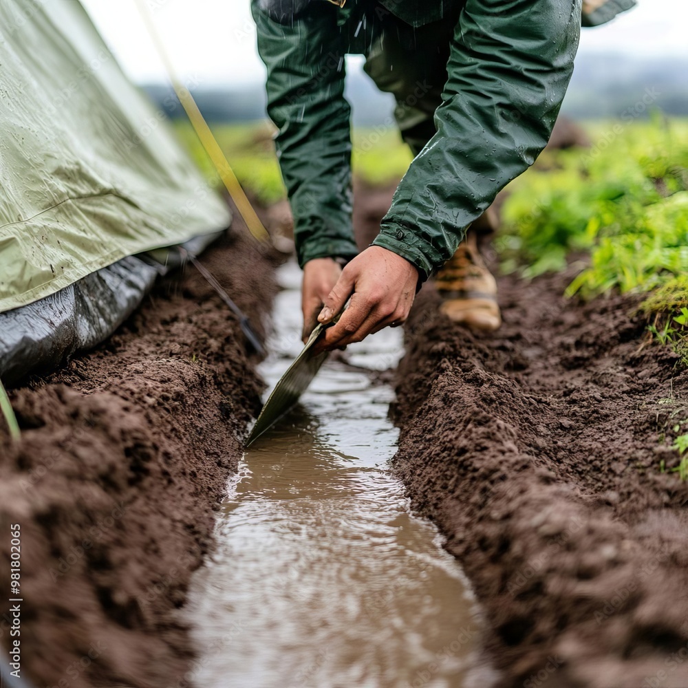 Camper digging a trench around a tent to divert rainwater, camping ...