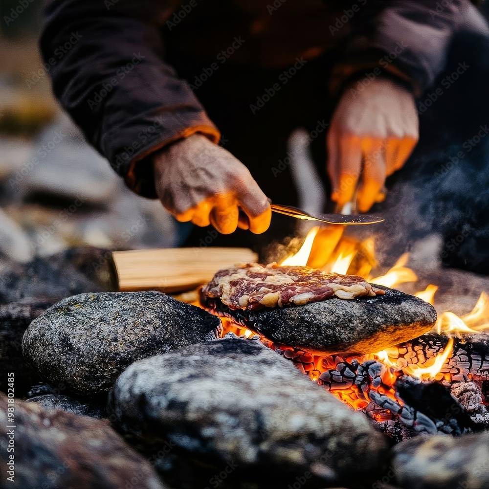 Camper making a rock oven by a campfire, wild game meat cooking ...