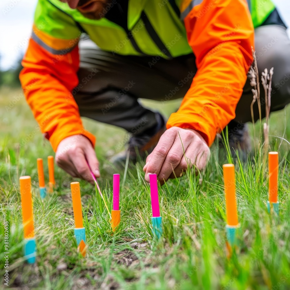 Camper marking trails with biodegradable markers, camping survival ...