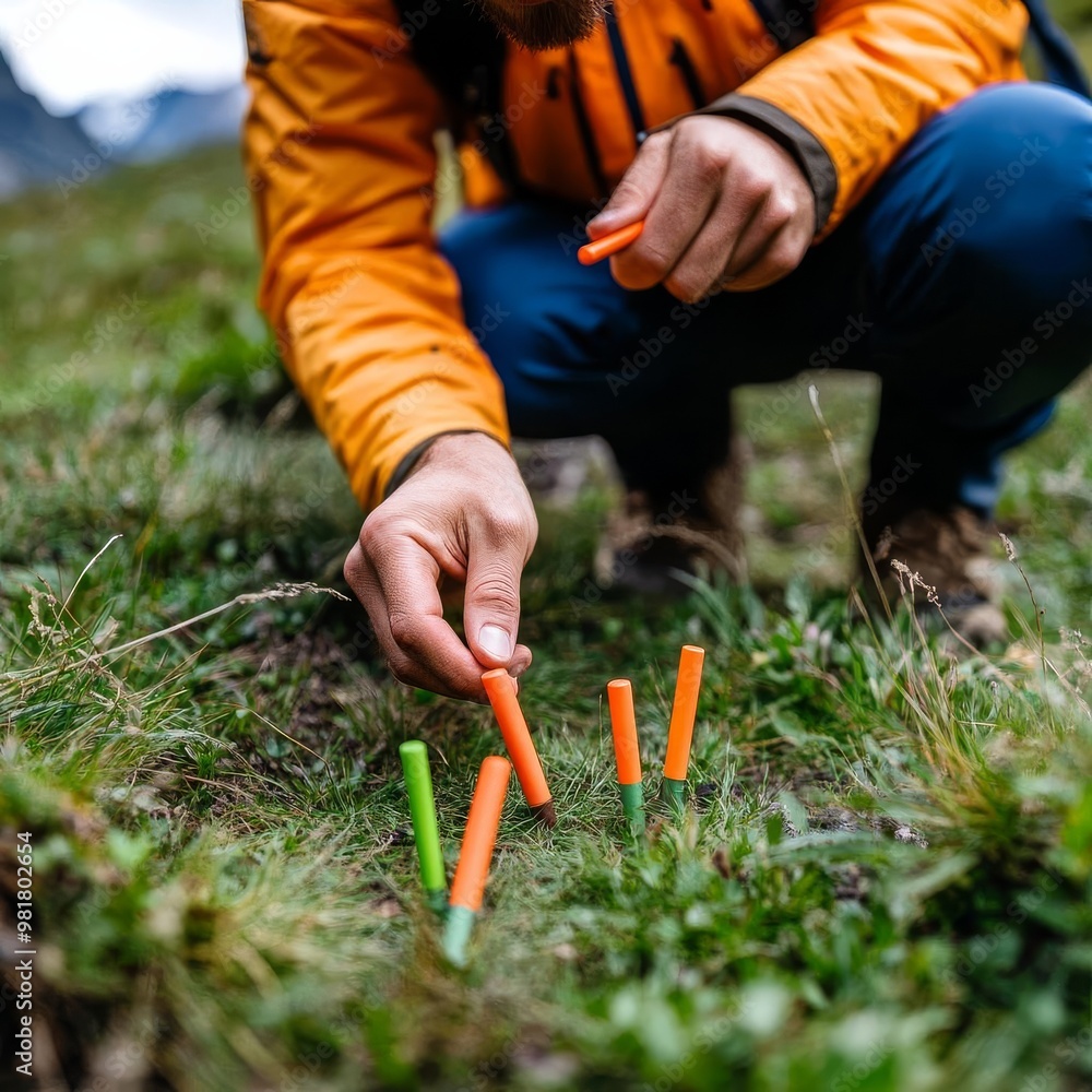Camper marking trails with biodegradable markers, camping survival ...