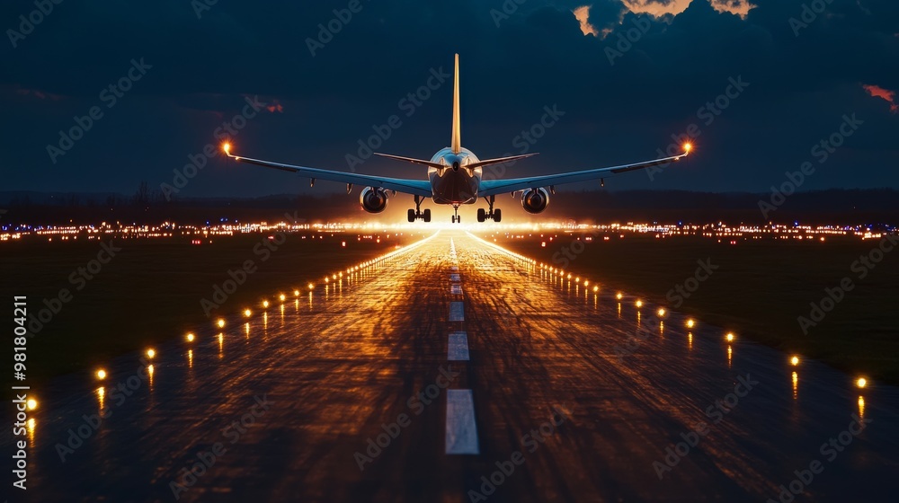 Dramatic shot of a commercial airplane landing at night on a runway ...