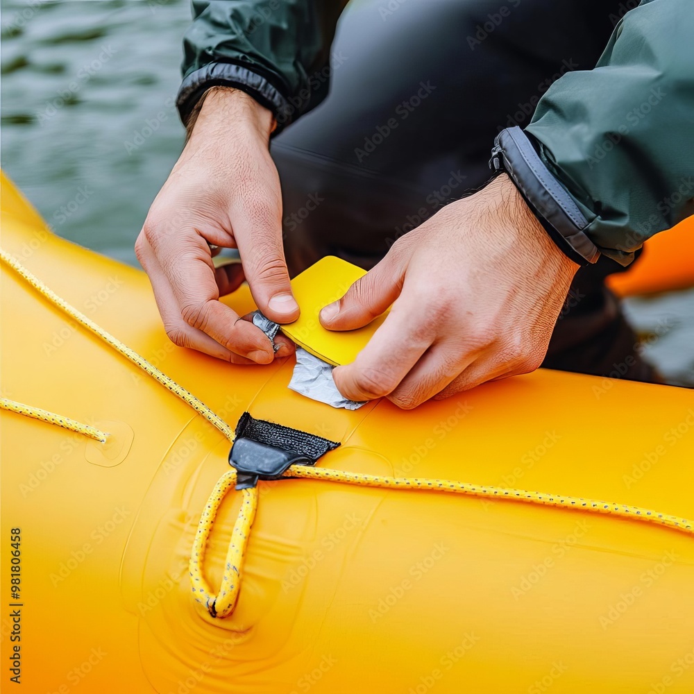 Person patching a punctured inflatable raft using a repair kit, camping ...
