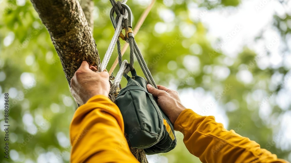 Survivalist using a pulley system to hoist gear into a tree, camping ... Survivalist using a pulley system to hoist gear into a tree, camping ...
