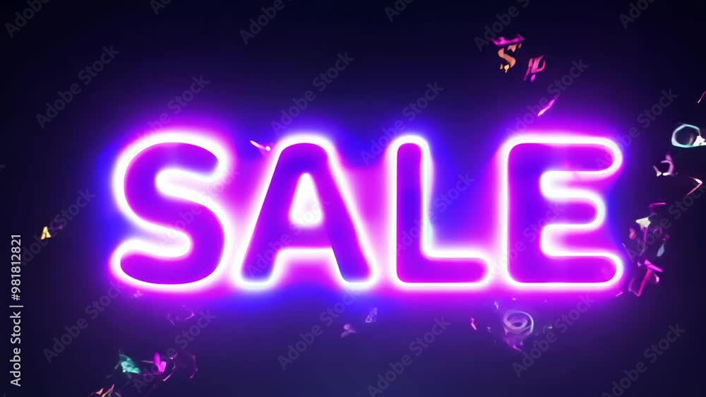 A bold, neon "SALE" graphic glows against a dynamic dark background of ...