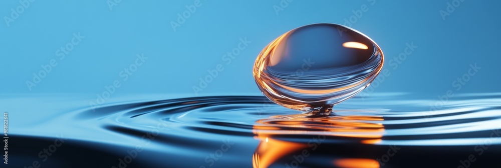 A 3D image of a rippled liquid sphere floating on a blue surface ...