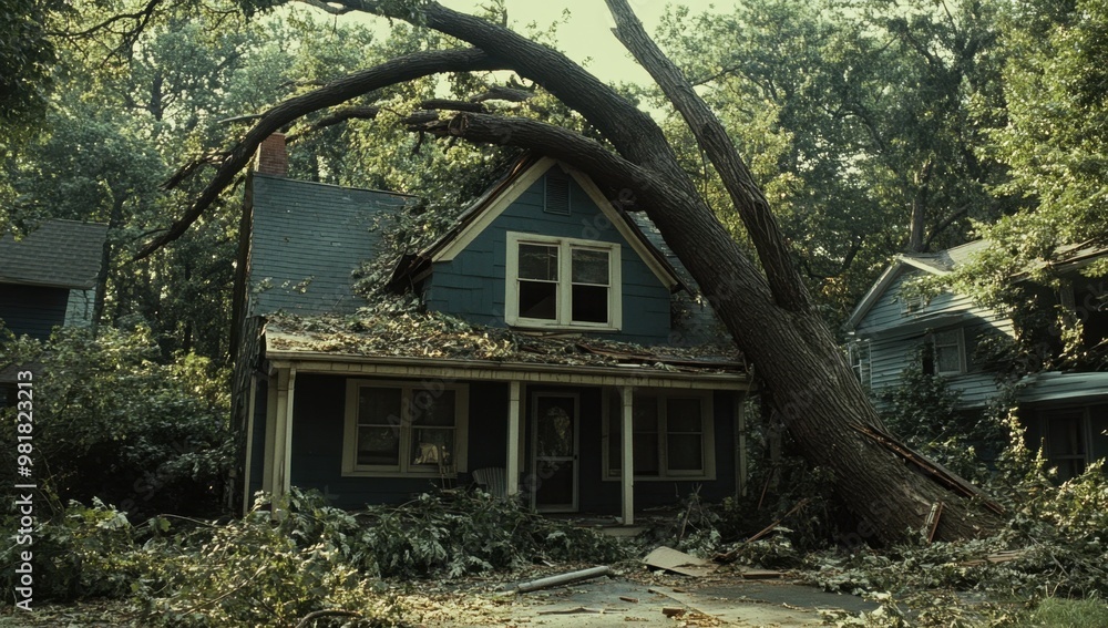 A tree falling onto the roof of an American house, captured in a ...