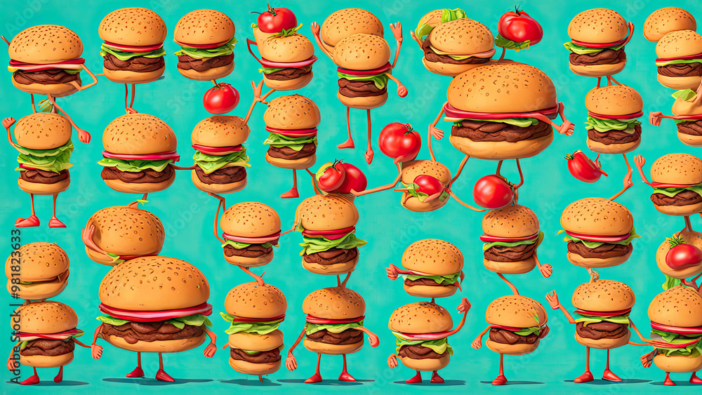 A cheerful 3D burger mascot with animated expressions and lively poses ...