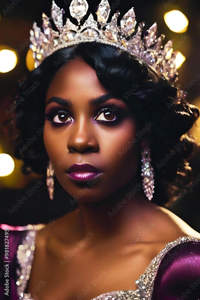 Black Queen Wearing Diamond Crown and Purple Satin Gown with Crystal ...