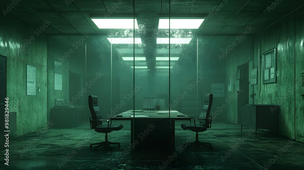 Minimalist interrogation room, digital glass screens, a two-way mirror ...