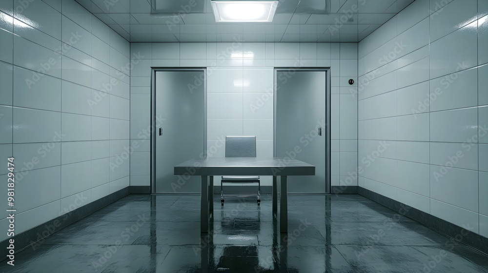 Minimalist interrogation room, featureless white walls and a metallic ...