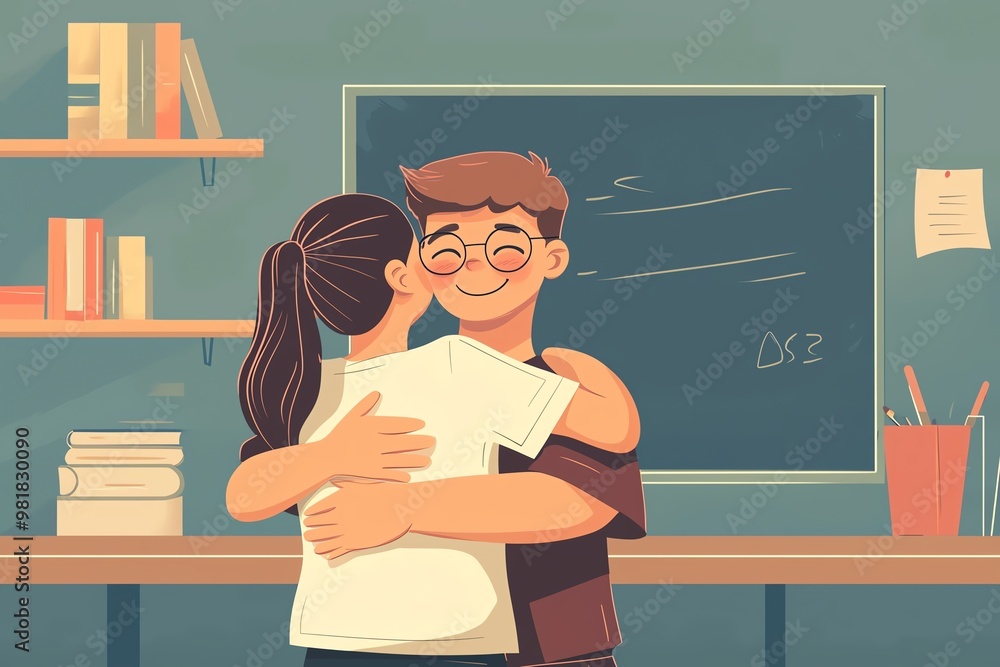 Teacher Smiling Next to Chalkboard with Speech Bubble – A Cartoon ...