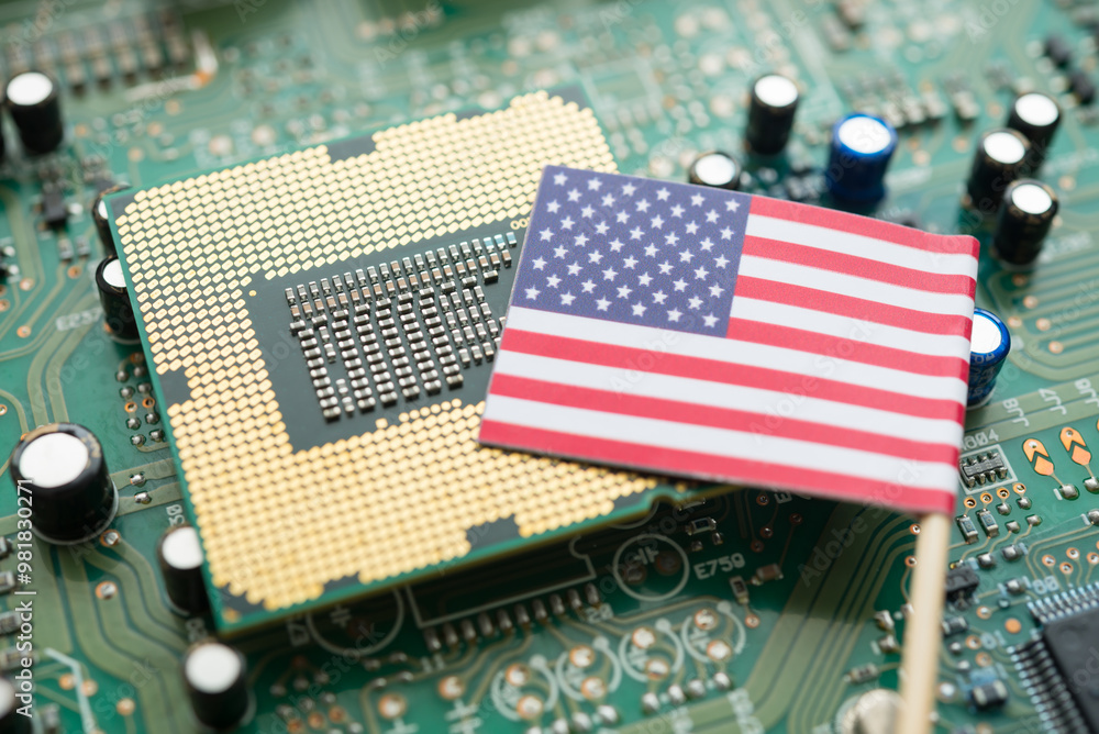 CPU computer (central processing unit) US flag on circuit board ...