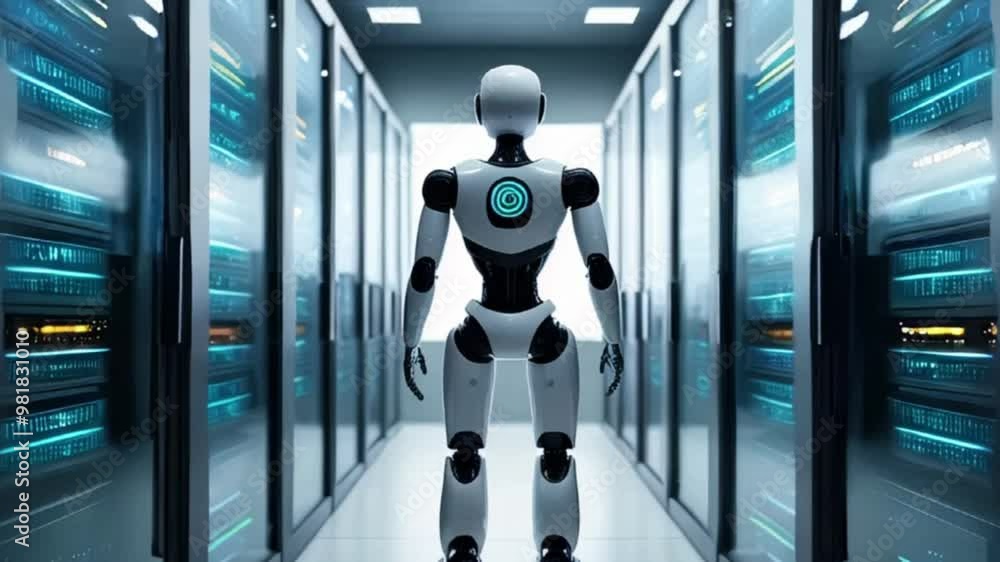 A humanoid robot with a sleek design stands in a high-tech data center ...