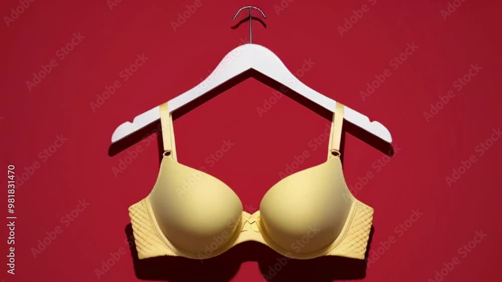 A stylish yellow bra is elegantly displayed on a white hanger against a ...