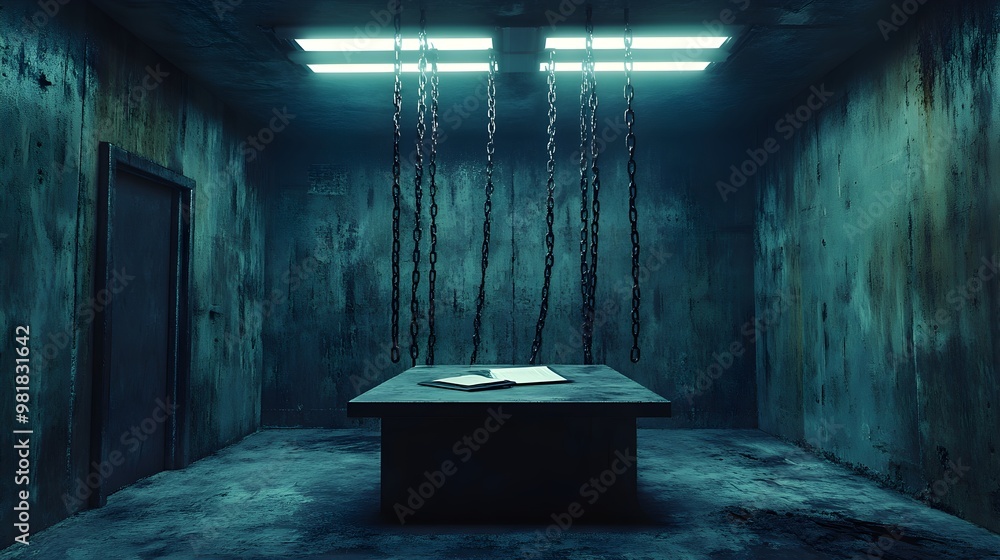 Industrial interrogation chamber, chains clinking on the wall, a file ...