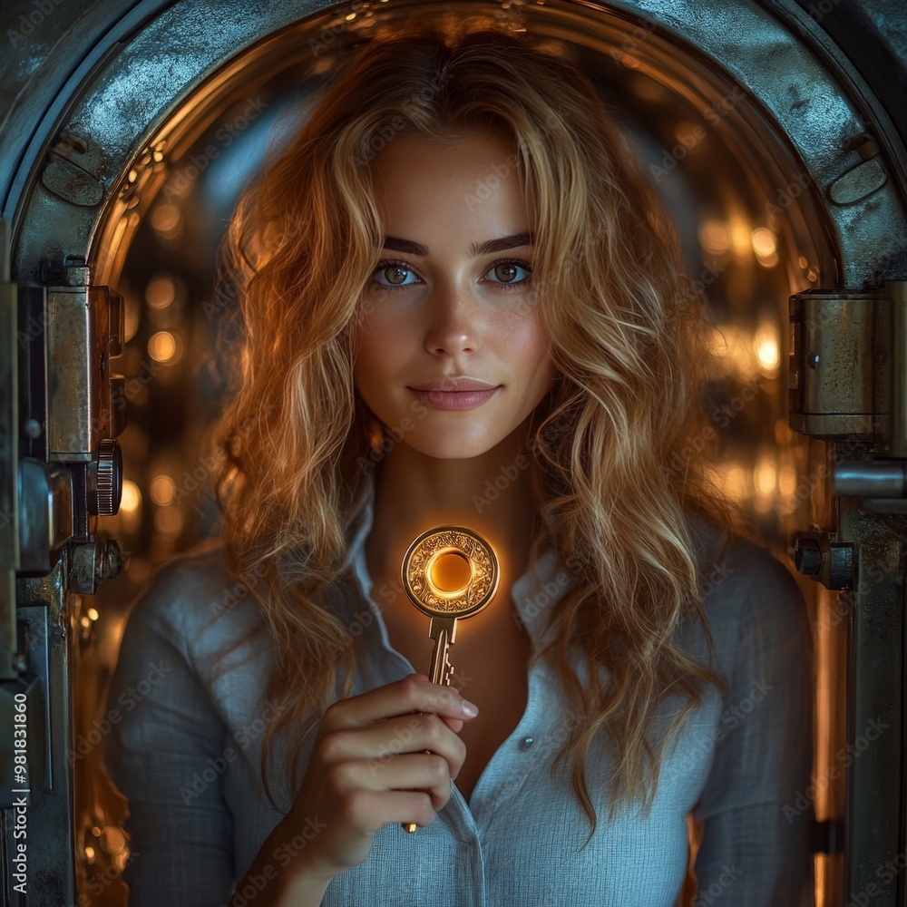 Golden Key to the Unknown: A captivating portrait of a young woman with ...