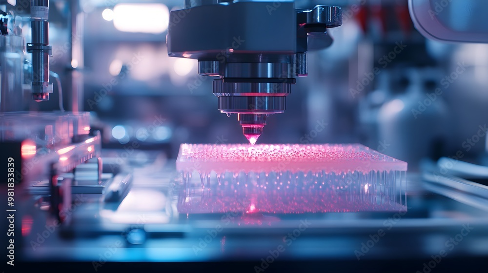 Close-up of an advanced bioprinting machine laying down intricate ...