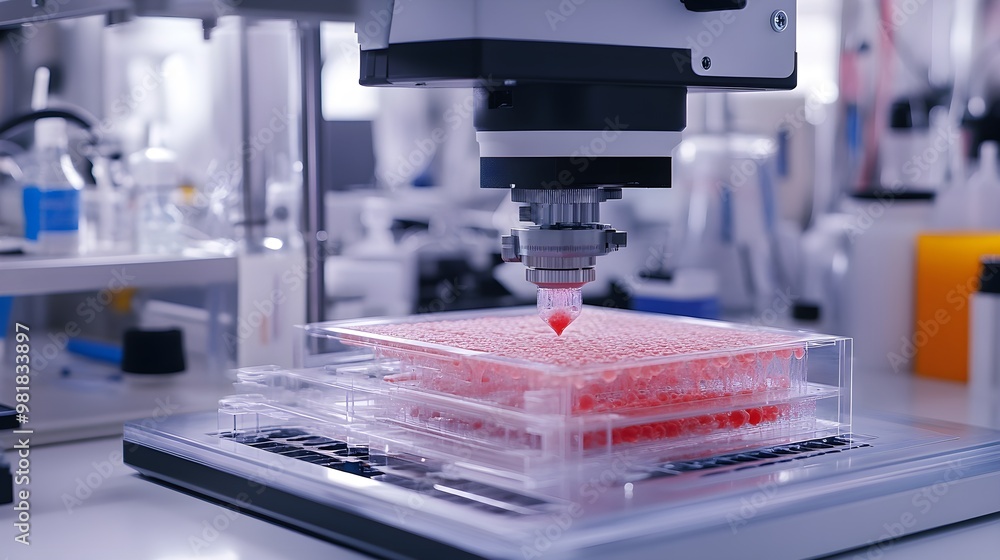 Close-up of an advanced bioprinting machine laying down intricate ...