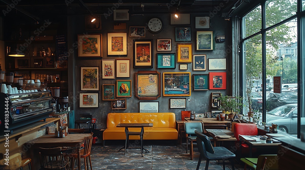 An artistic coffee shop interior with gallery walls full of colorful ...