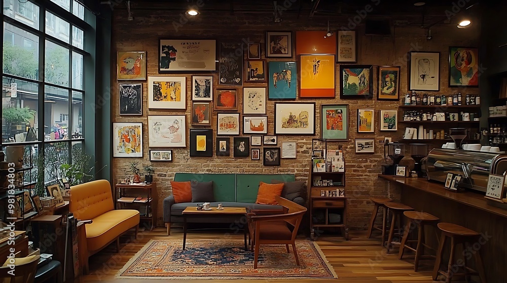 Artistic coffee shop interior with eclectic vintage furniture, vibrant ...