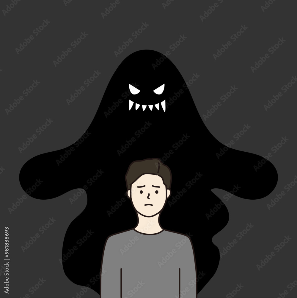 Depressed boy with scary monster shadow behind. Depression ...
