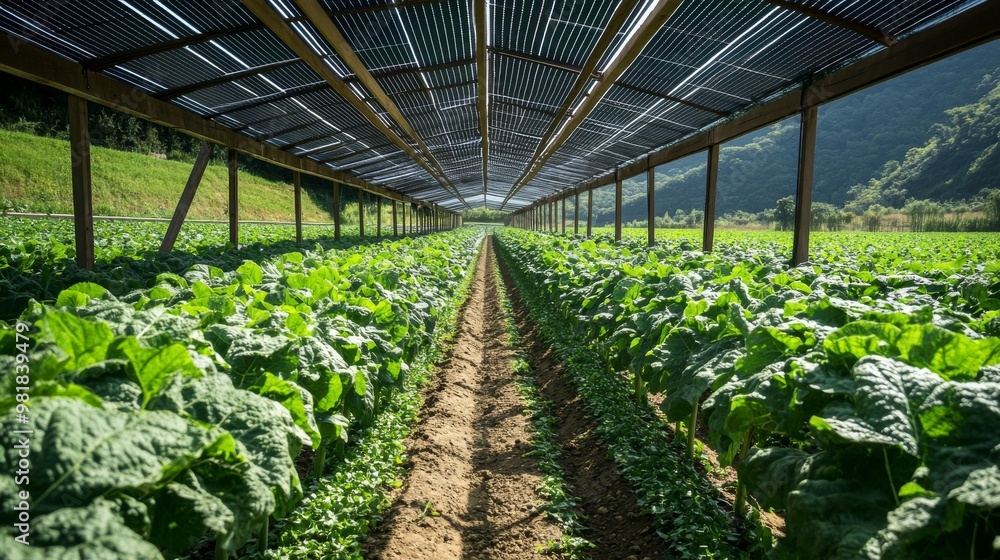 28. Agrivoltaic canopy setup in a French farm, with rows of crops ...