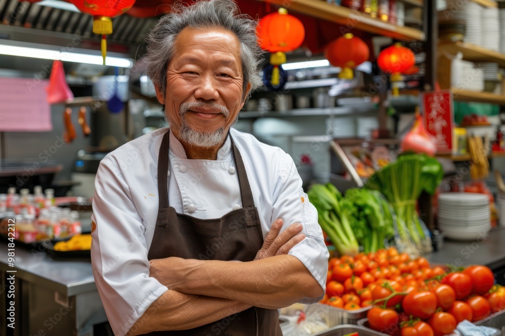 Smiling Chinese Chef in Apron Standing in Restaurant Kitchen with Arms ...