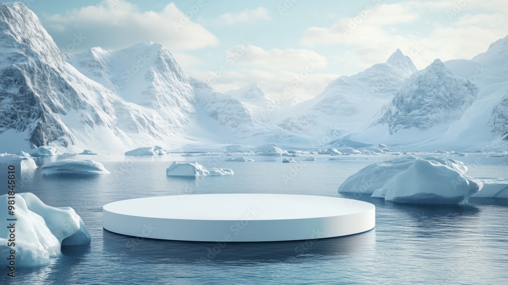 White circular podium floating on water in a stunning Arctic landscape ...