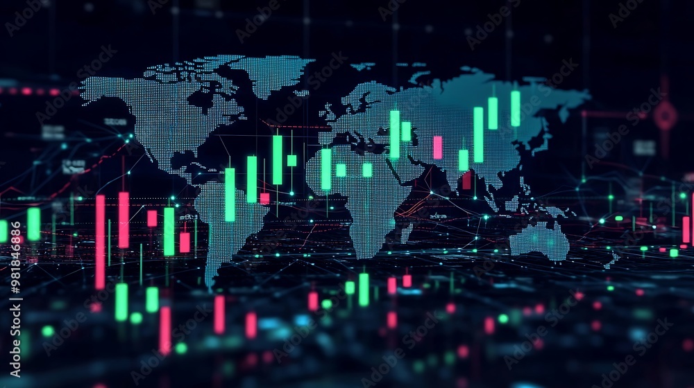 A glowing candlestick chart with green and red candlesticks fluctuating ...