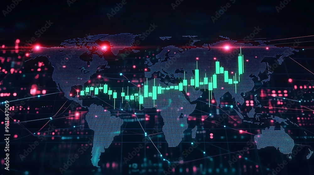 A glowing candlestick chart with rising green bars, displayed on a ...