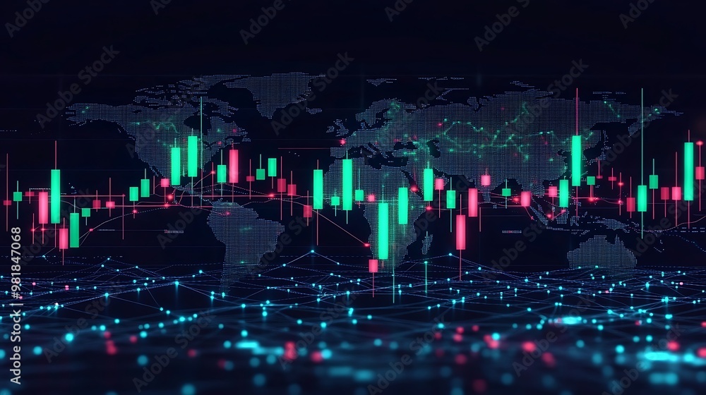 A high-tech candlestick chart showing green and red candles fluctuating ...