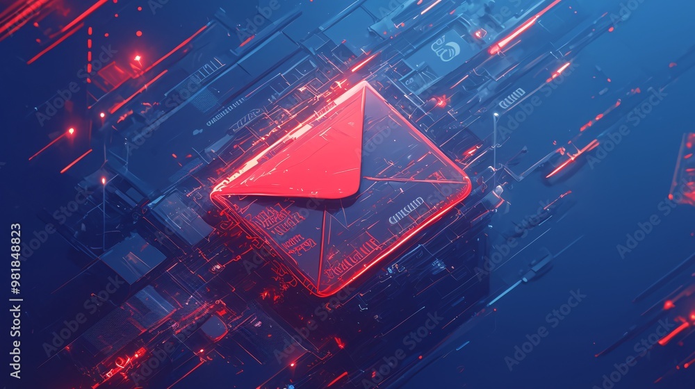 Red email icon intertwined with a virus alert symbol, futuristic ...