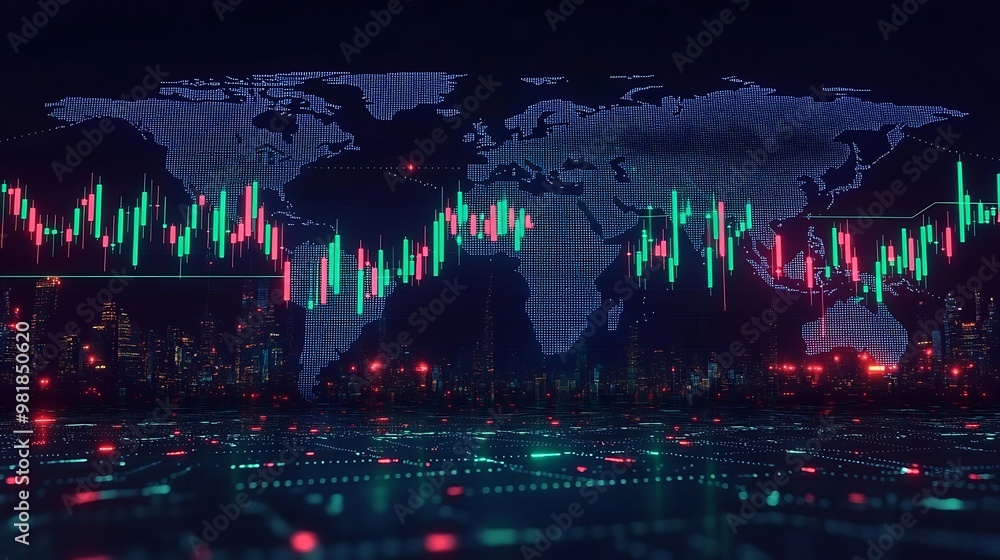 A volatile stock market chart with green and red candlesticks ...
