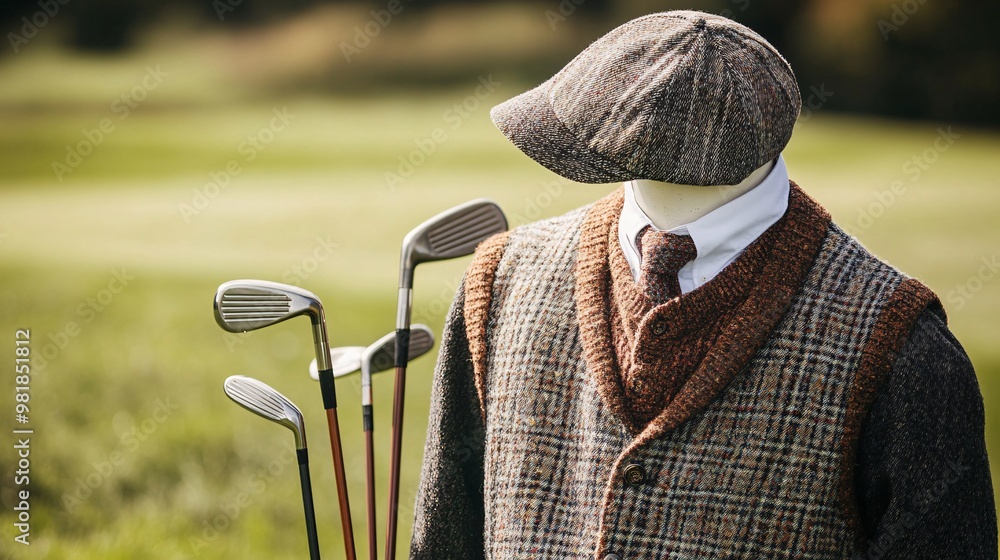 A classic collection of vintage golf clubs and a timeless golf outfit ...