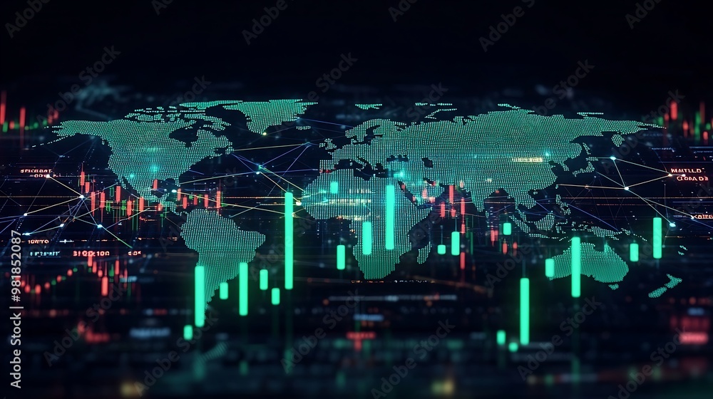 Rising green candlesticks on a world map backdrop, major trading hubs ...