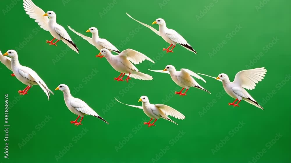 Flock of white doves is flying gracefully against a vibrant green ...