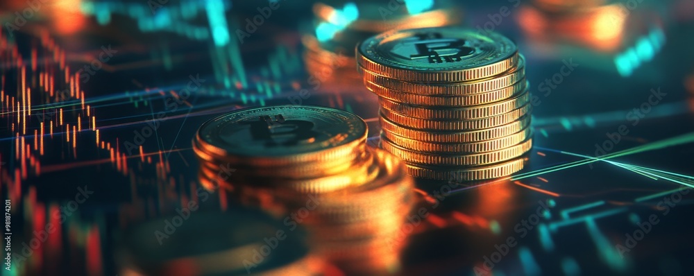 Illuminated Wealth: Glowing Angled Coins Intertwined with Stock Growth ...