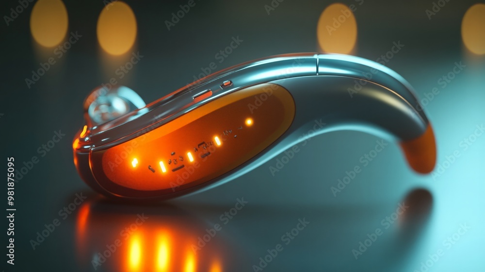 Detailed illustration of a digital hearing aid, shown on a sleek, clean ...