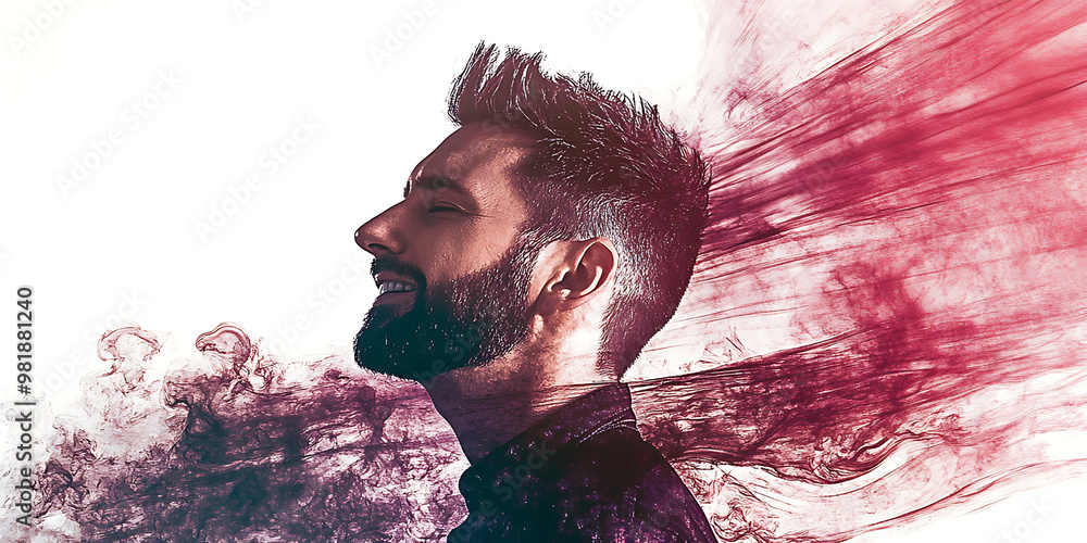 Man with Red Smoke: A man with a beard and a serious expression stands ...