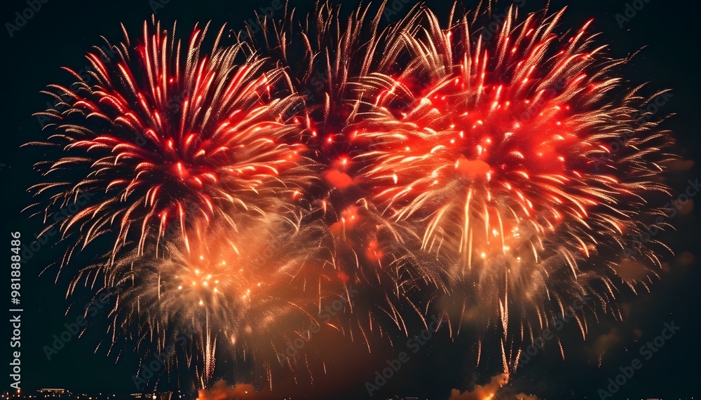 Stunning fireworks burst in bright red and gold hues, illuminating the ...