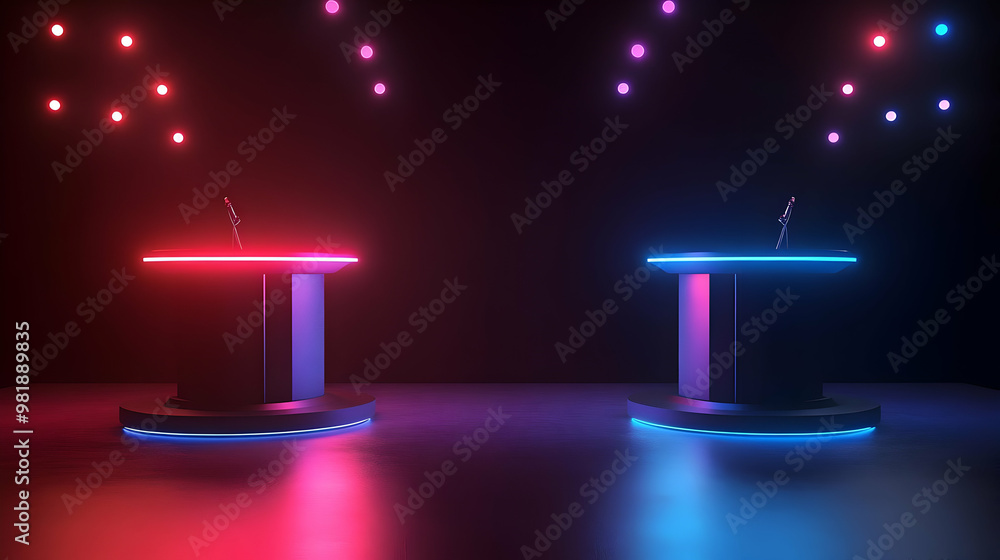 3D Holographic Candidate Debate Podiums Concept: Empty Political Stage ...