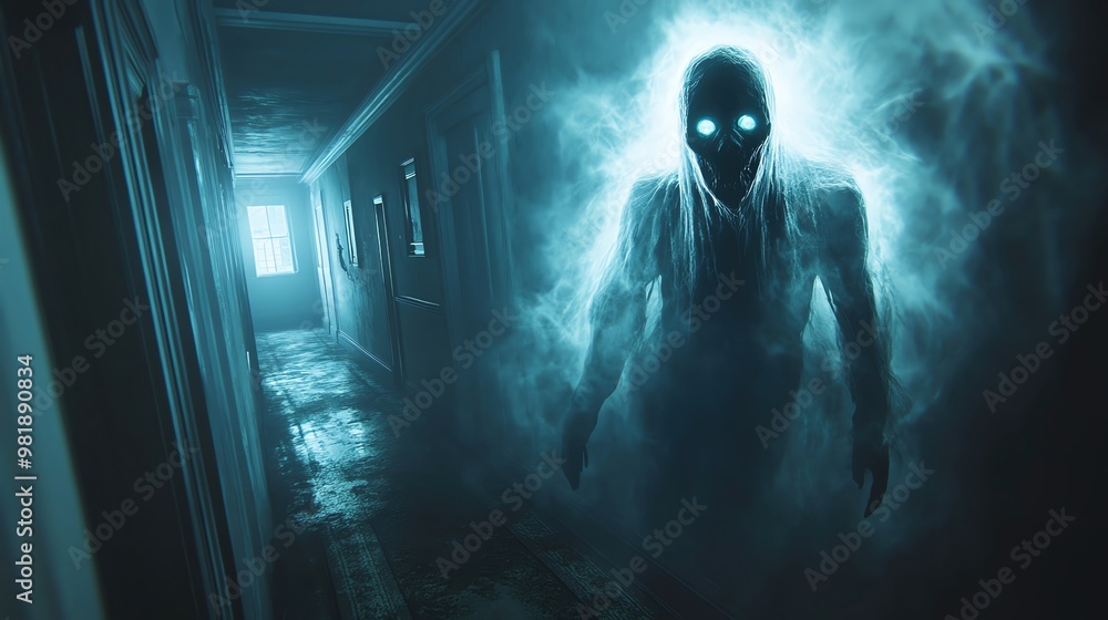 Horror ghost with twisted face, floating through dark corridors, 3D ...