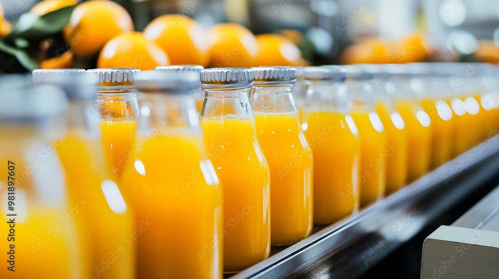 Bottles of fresh orange juice neatly lined up on a conveyor belt in a ...